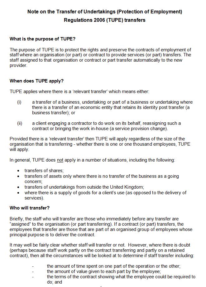 Note on TUPE Transfers - DTAS Community Ownership Support Service