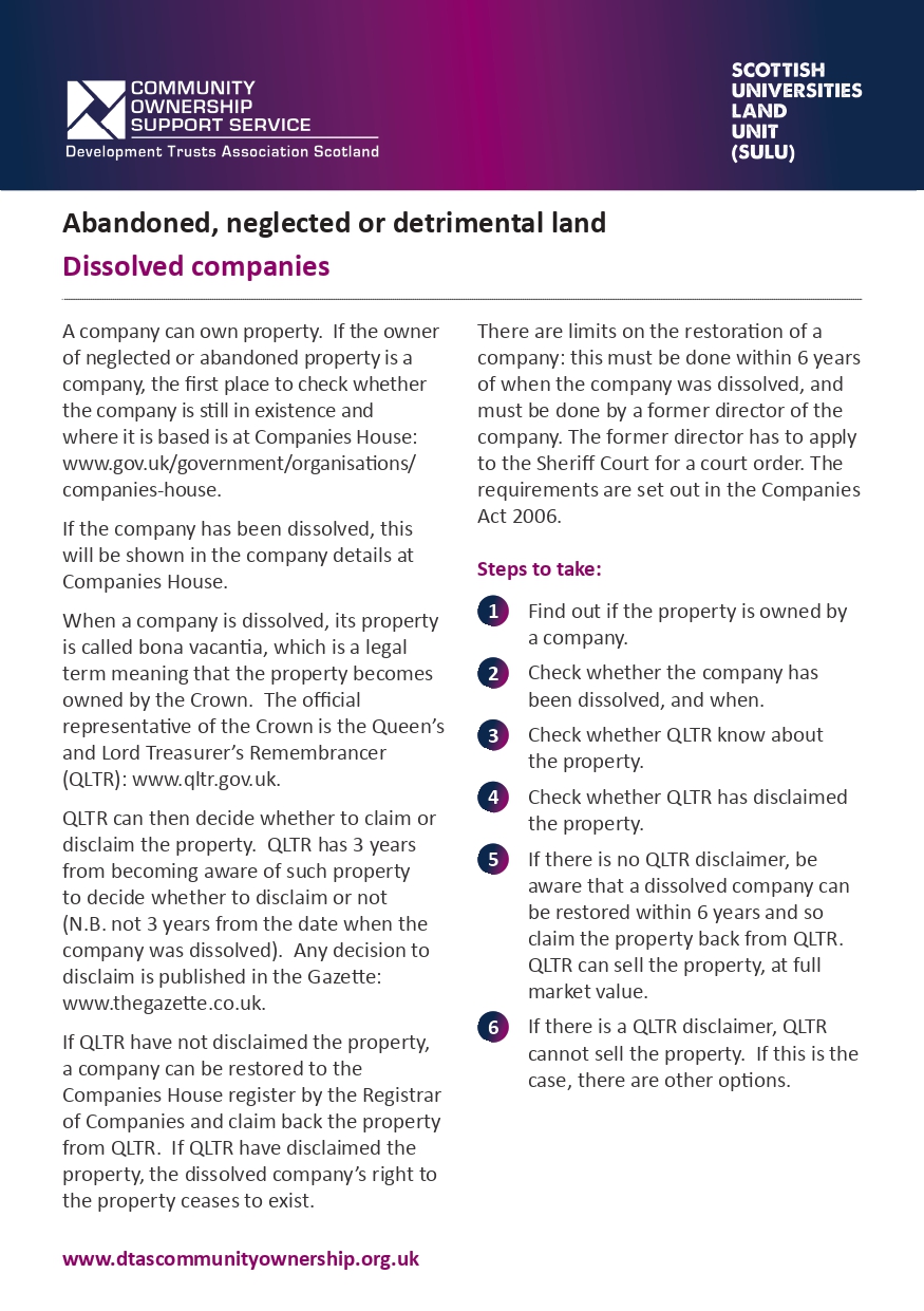 Abandoned, neglected or detrimental land – Dissolved companies (SULU Factsheet) - DTAS Community ...